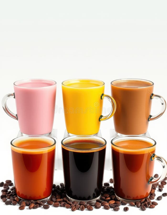Colorful Array of Various Coffee Types Served in Stylish Glass Mugs on ...