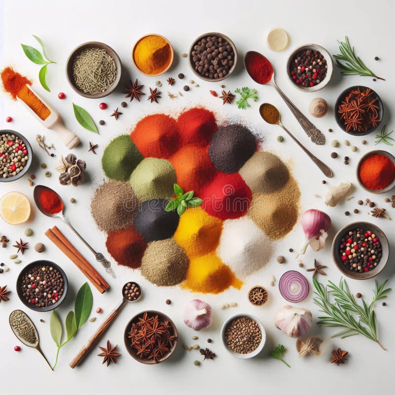 A Colorful Array of Various Spices and Herbs Arranged in a Circle on a ...