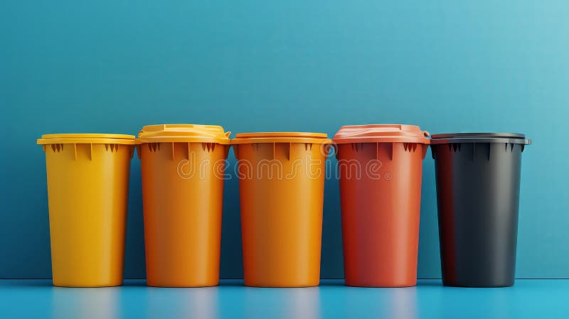 A Colorful Array of Waste Bins Lined Up Against a Blue Background ...