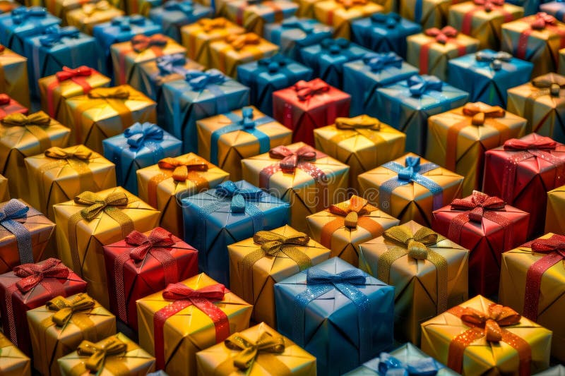 Colorful Array of Wrapped Gift Boxes with Bows in a Festive Arrangement ...