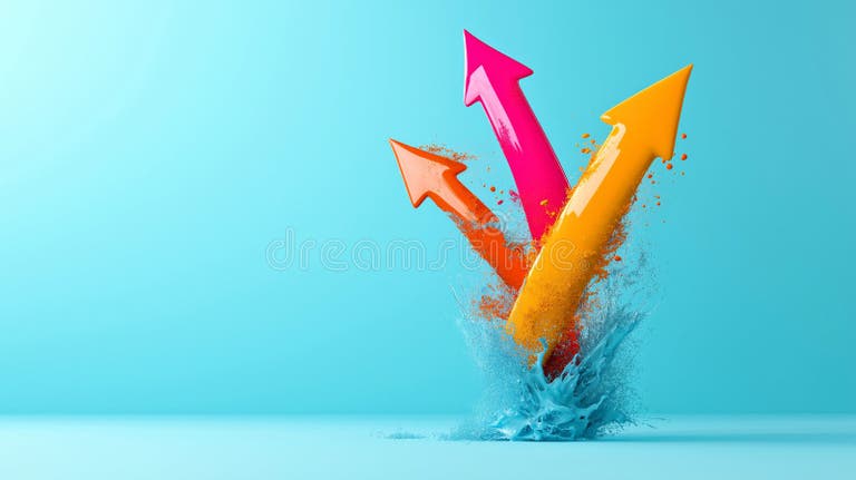 Colorful Arrows Exploding from Water Splash on Blue Background Stock ...