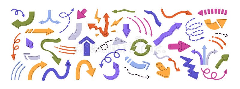 Colorful Arrows Set. Pointers Symbols in Different Styles: Dot Line ...