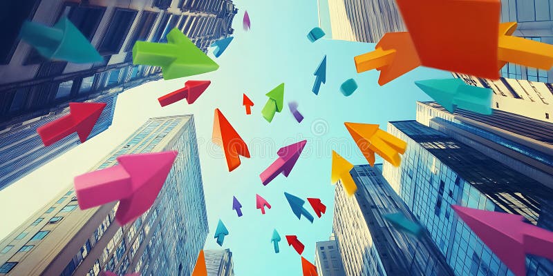 Colorful Arrows Soaring Above Cityscape Stock Illustration ...