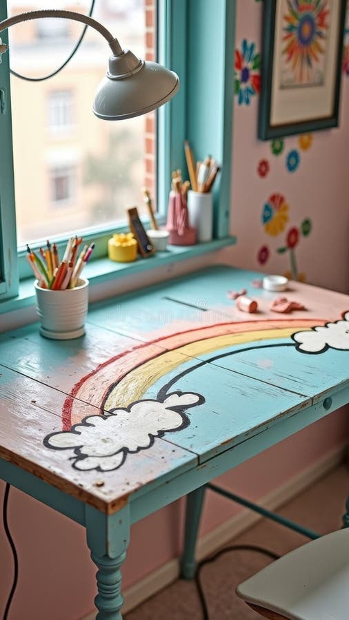 Colorful Art Desk with Painted Rainbow Design in Bright Creative ...