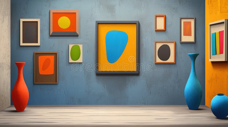 Colorful Art Display with Abstract Paintings and Decorative Vases in a ...