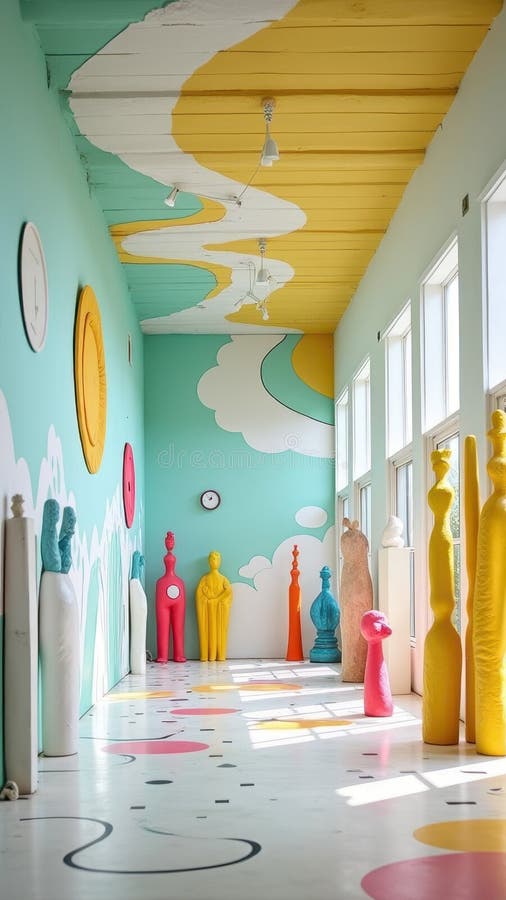 Colorful Art Gallery Hallway with Abstract Sculptures and Bright Walls ...