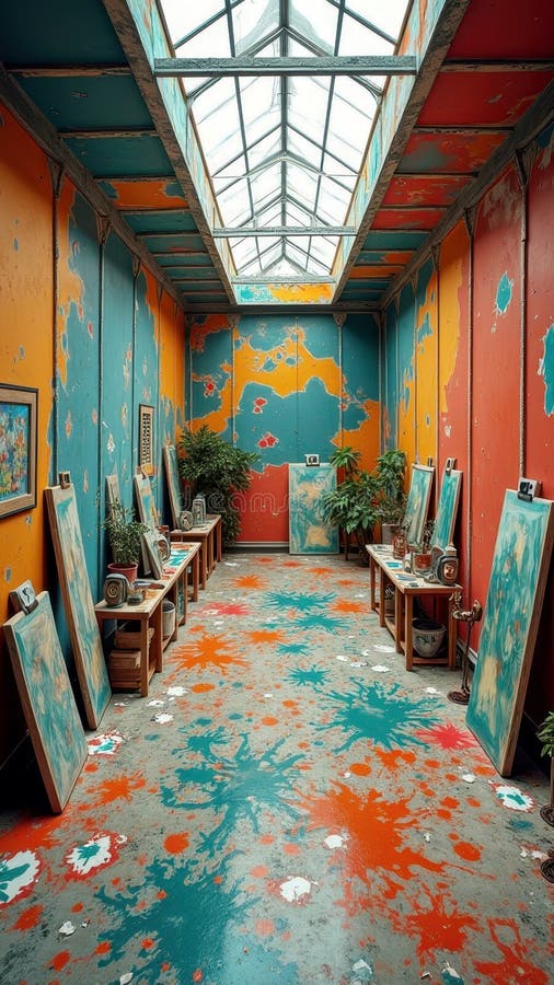 Colorful Art Studio with Abstract Paintings and Vibrant Walls Stock ...