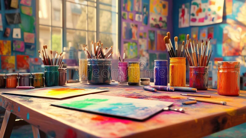 Colorful Art Studio with Array of Paint Jars Stock Image - Image of ...