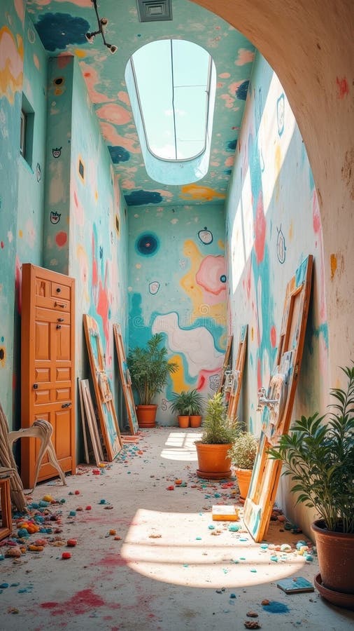 Colorful Art Studio with Skylight and Abstract Murals Stock Image ...