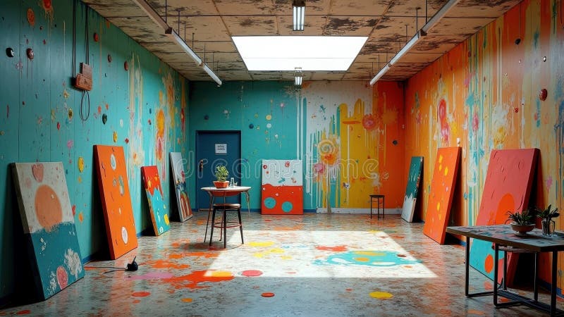 Colorful Art Studio with Vibrant Abstract Wall Paintings Stock Photo ...
