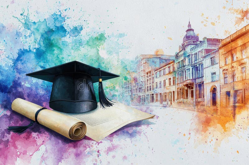 Vibrant Urban Backdrop with Graduation Cap and Diploma Stock Image ...