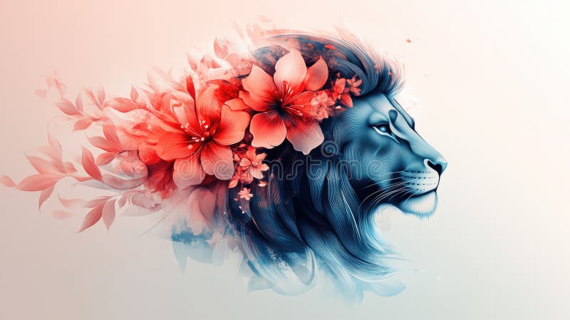 Colorful Artistic Lion with Floral Mane in Digital Artwork Stock ...