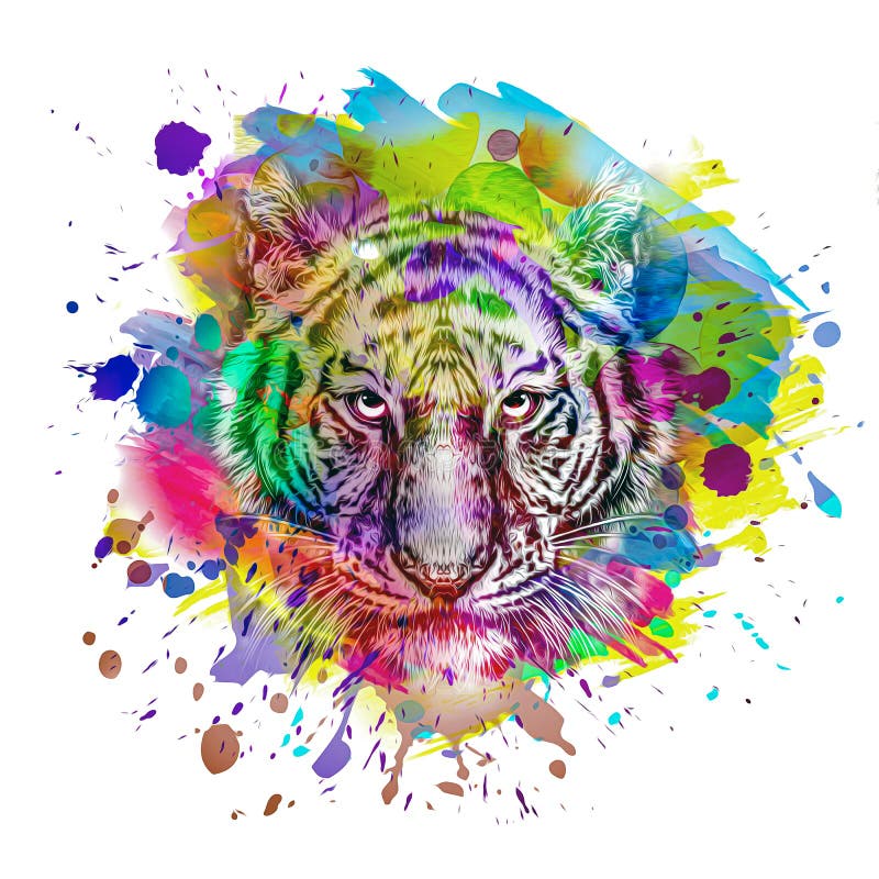 Colorful Artistic Tiger Muzzle with Colorful Paint Splatters on White ...