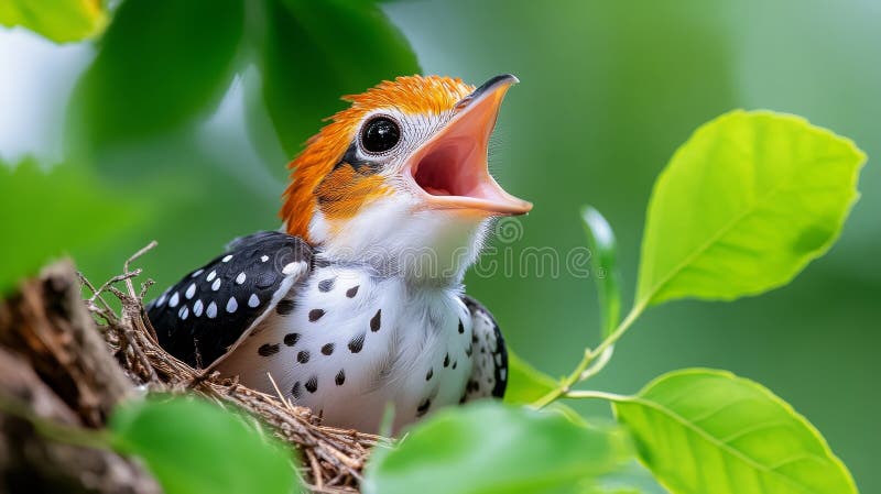 Colorful Asian Bird with Spotted Plumage Singing in Lush Greenery Stock ...