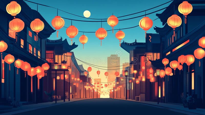 Colorful Asian Lantern Street at Dawn Stock Photo - Image of evening ...