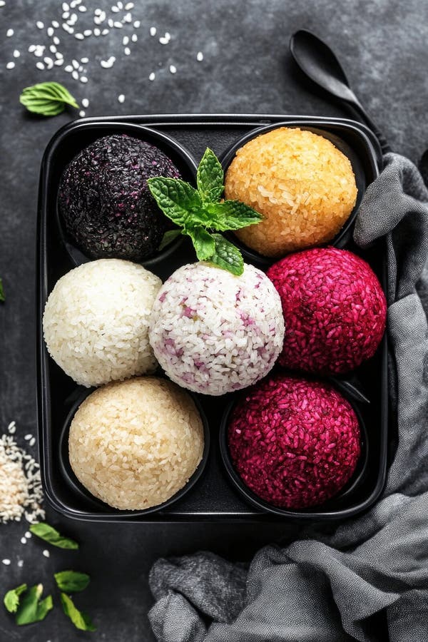 Colorful Assorted Asian Rice Balls in Square Black Tray with Mint ...