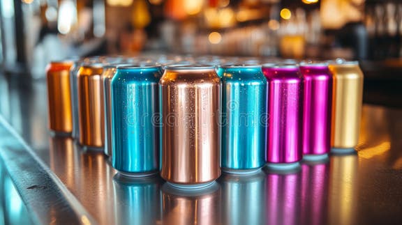 Colorful Assorted Beverage Cans on a Reflective Bar Surface. Stock ...