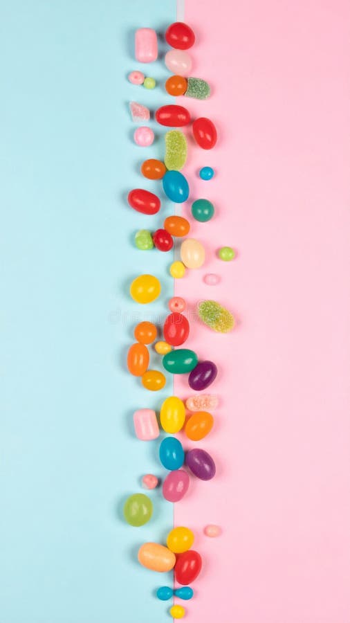Colorful Assorted Candy Display on Pastel Pink and Blue Backgrounds ...