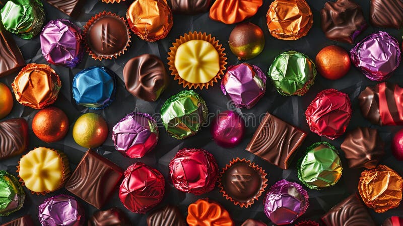 Colorful Assorted Chocolates Spread Out on a Table with Shiny Wrappers ...