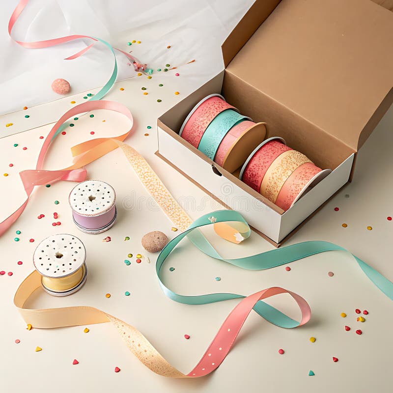 Colorful Assorted Decorative Ribbons in Box with Scattered Confetti ...