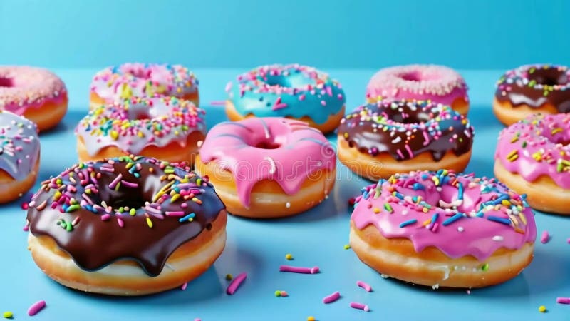 Colorful Assorted Donuts with Sprinkles on a Blue Background Stock ...