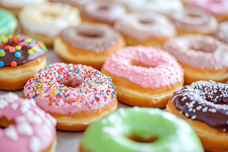 Colorful Assorted Donuts with Sprinkles and Glaze on Display Stock ...