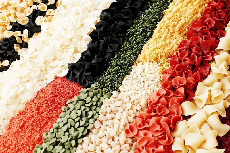 Colorful Assorted Pasta Display with Various Shapes and Textures Stock ...