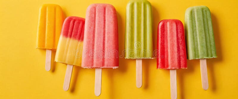 Colorful Assorted Popsicles Standing Against Yellow Background Stock ...