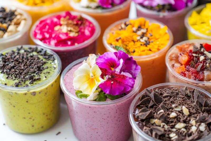 Colorful Assorted Smoothie Cups with Fresh Flowers and Toppings in a ...
