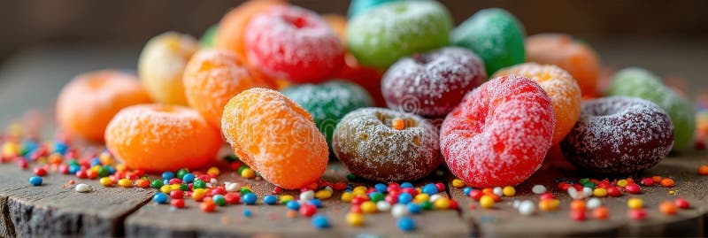 Colorful Assorted Sugary Candy with Sprinkles on Wooden Surface Stock ...