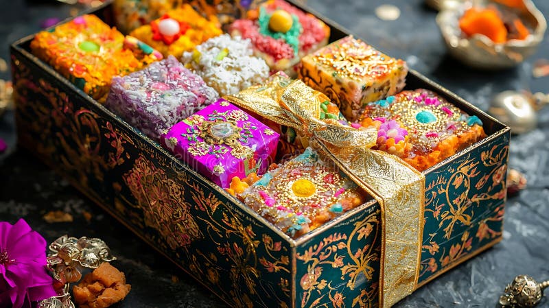 Colorful Assorted Sweets in an Ornate Box Stock Photo - Image of food ...