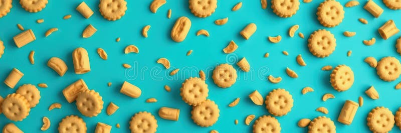 Colorful Assortment of Baked Snacks Scattered on a Vibrant Blue Surface ...