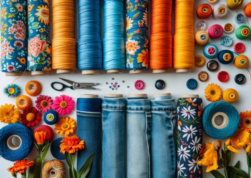 A Colorful Assortment of Buttons, Scissors, and Thread are Laid Out on ...