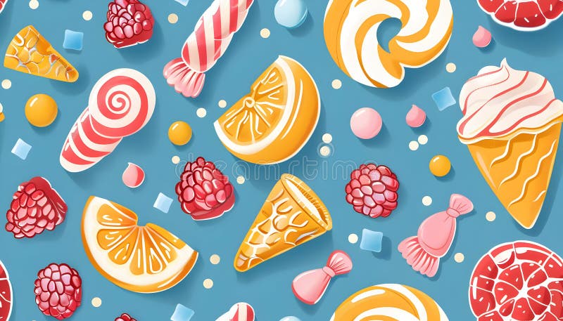 A Colorful Assortment of Candies and Desserts on a Blue Background ...