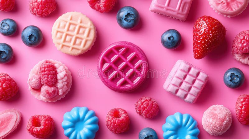 Colorful Assortment of Candy Candies and Berries on Pink Background ...