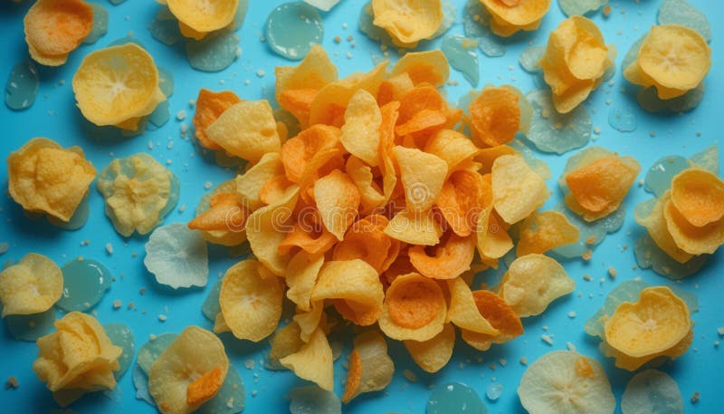 A Colorful Assortment of Chips is Scattered Across a Bright Blue ...