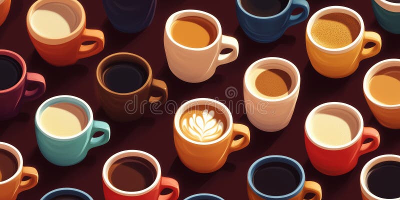 Colorful Assortment of Coffee Cups with Various Drinks and Latte Art ...