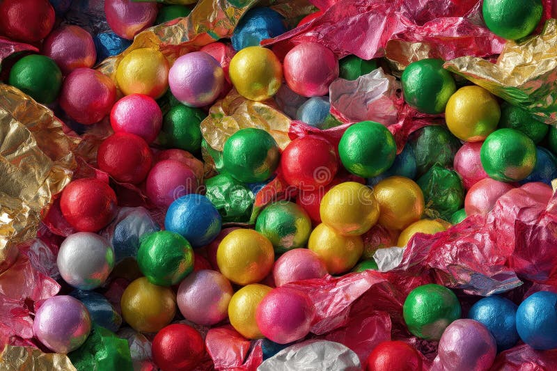 Colorful Assortment of Crinkled Foil Wrappers and Round Candy in a Flat ...