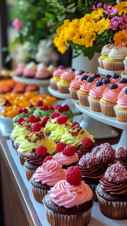 Colorful Assortment of Cupcakes and Pastries on Display in a Vibrant ...