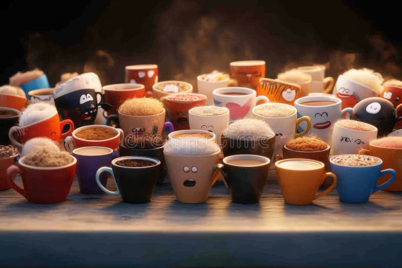 Colorful Assortment of Cute Animated Coffee Cups with Diverse ...