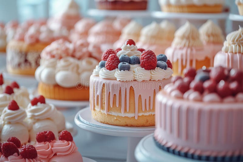 Colorful Assortment of Decorated Cakes Displayed in Bright Bakery ...