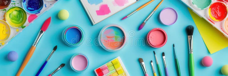 Colorful Assortment of Educational Art Materials on a Blue Workspace ...