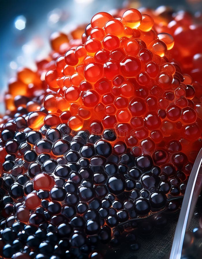 Colorful Assortment of Fish Roe Displayed on a Metallic Surface ...