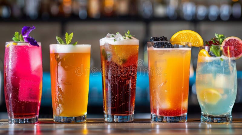 Colorful Assortment of Five Craft Cocktails on a Bar Counter Stock ...