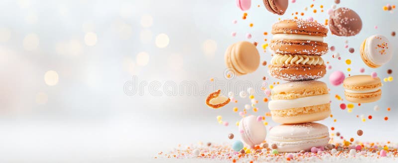 Colorful Assortment of Floating Macarons with Sprinkles on a Soft ... Colorful Assortment of Floating Macarons with Sprinkles on a Soft ...