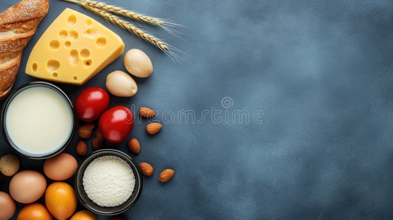 A Colorful Assortment of Food Items Like Eggs, Cheese, Bread, and Milk ...