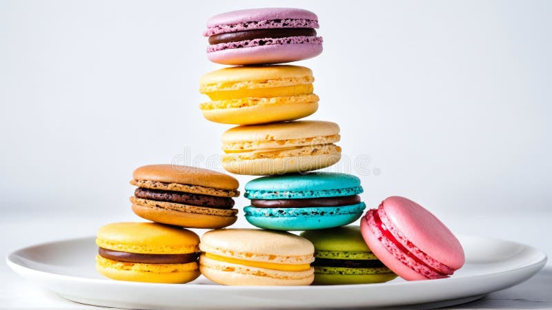Colorful Assortment of French Macarons Stacked on a White Plate Stock ...