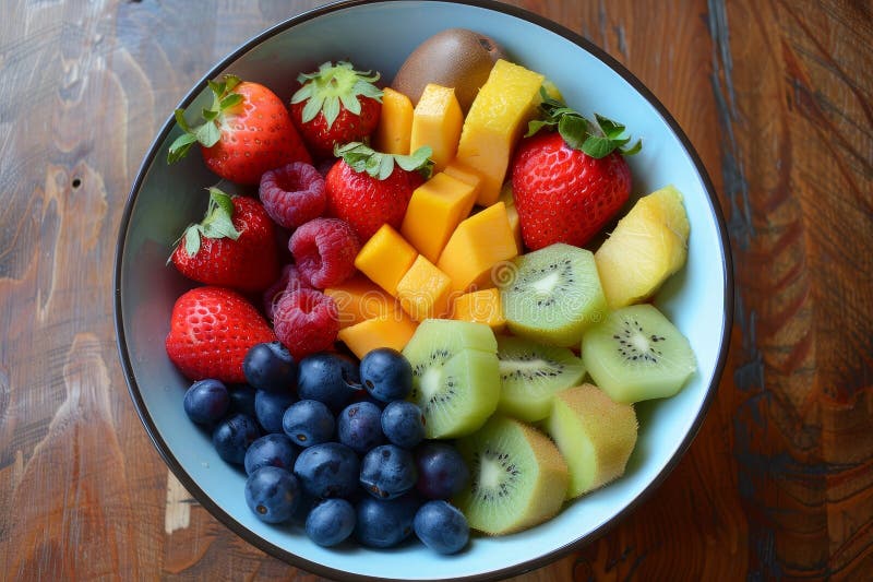 Colorful Assortment of Fresh Fruit Arranged in a Bowl on a Wooden Table ...