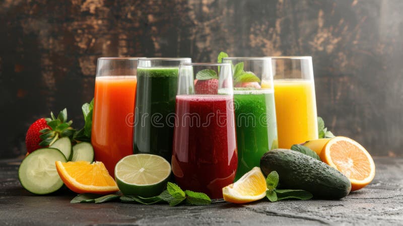 Colorful Assortment of Fresh Fruit and Vegetable Juices on Rustic ...
