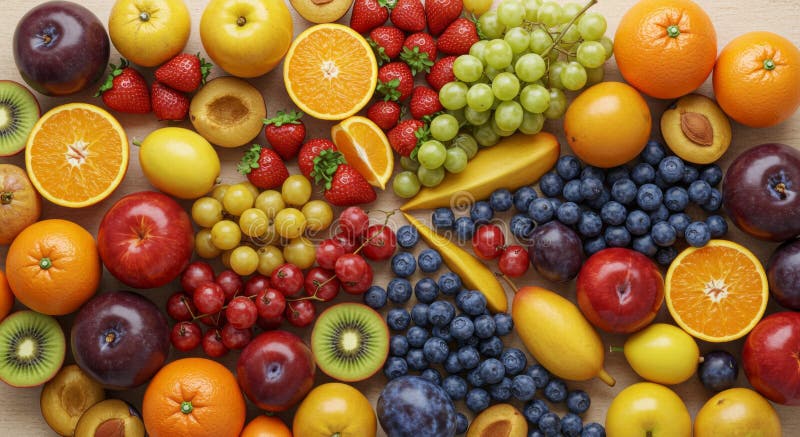 Colorful Assortment of Fresh Fruits on Beige Background Stock ...